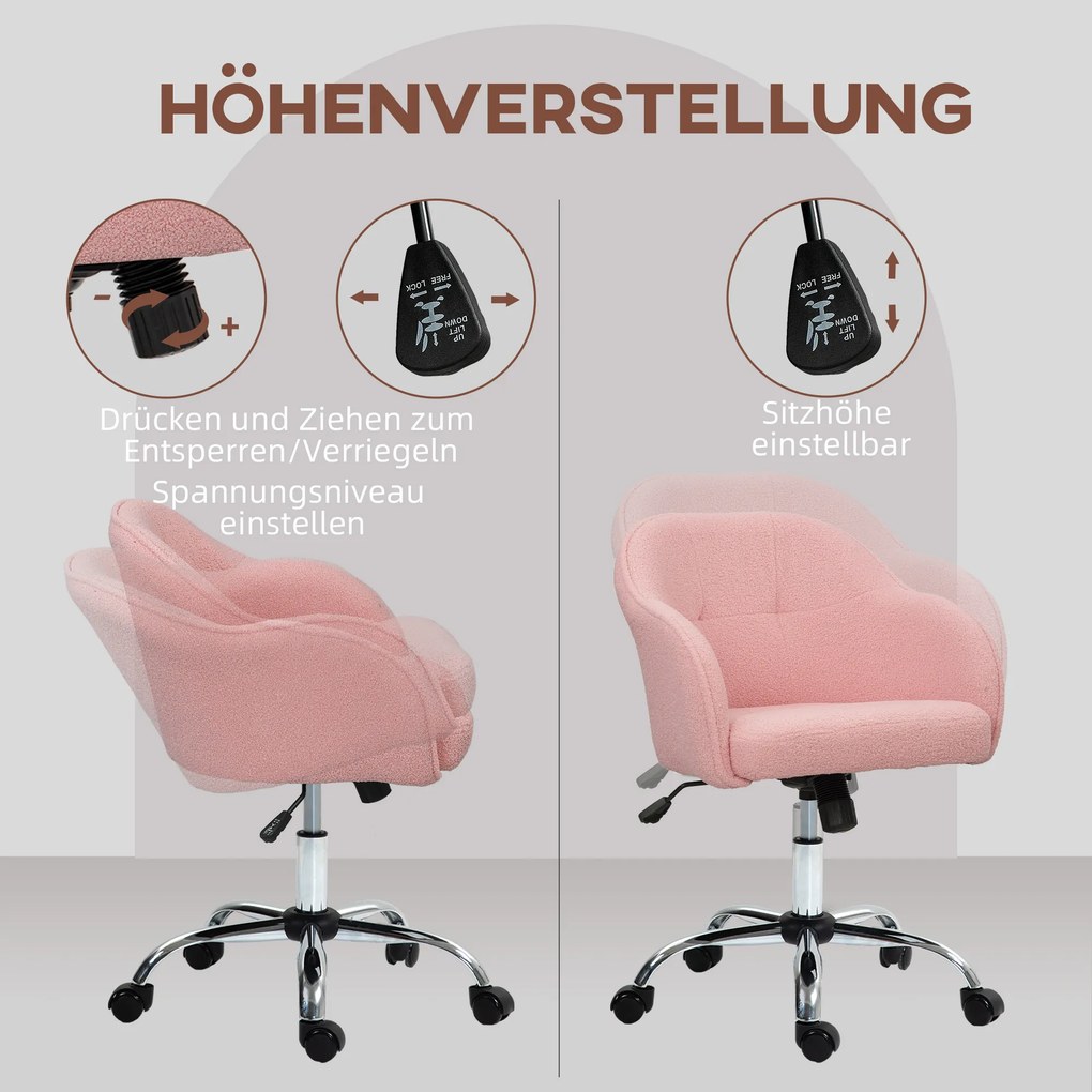 HOMCOM kancelářská židle, Teddy plyšová ergonomická desk židle, nastavitelná výška, polstrované sedadlo a opěradlo, 360° otáčení, moderní design, do …