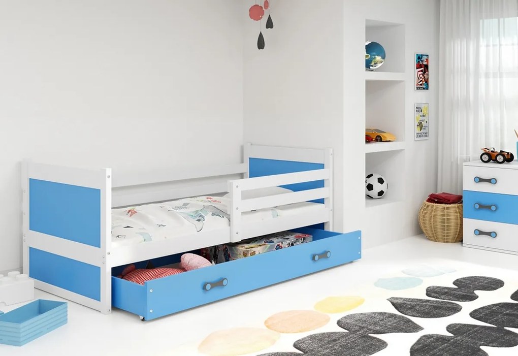 Expedo Dětská postel FIONA P1 COLOR + úložný prostor + matrace + rošt ZDARMA, 90x200 cm, bílý, blankytná