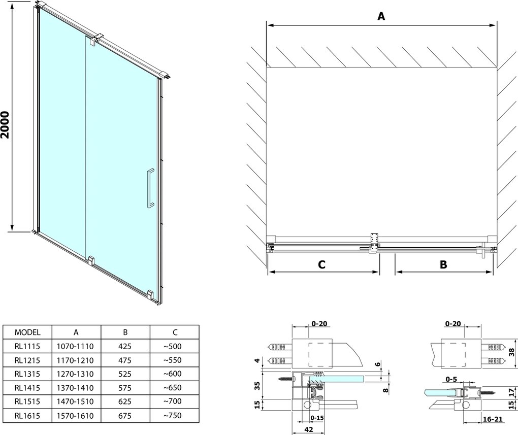 Polysan Sapho, ROLLS LINE sprchové dveře 1300mm, výška 2000mm, čiré sklo