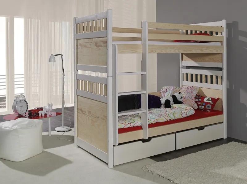 Patrová postel Salomon 90x200 cm (Š 97 cm, D 208 cm, V 165 cm), Přírodní borovice, Bílý akryl, bez matrací, bez zábranky, žebřík na levé straně