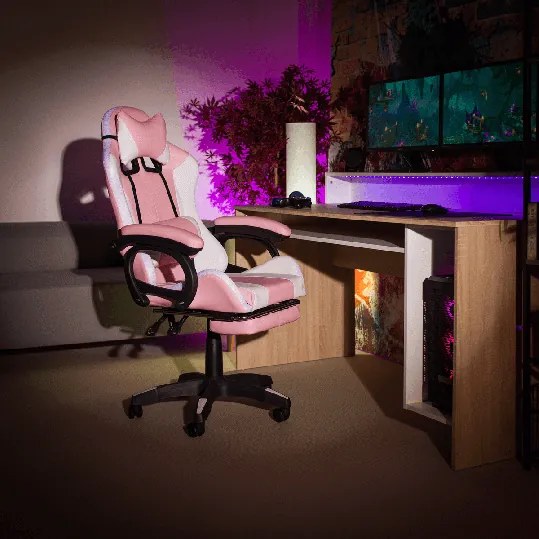Kondela Kancelářské/herní křeslo s RGB LED podsvícením, růžová/bílá, JOVELA
