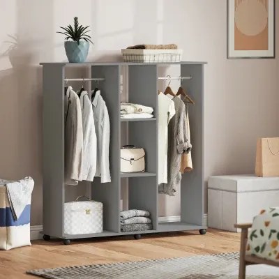 HOMCOM Šatní skříň s tyčí na oblečení, mobilní úložný nábytek 6 koleček 120 x 40 x 128 cm, šedá