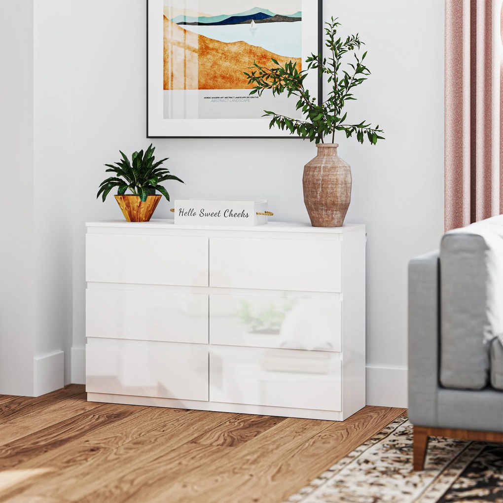 HOMCOM komoda do ložnice s 6 zásuvkami, zásuvková komoda pro obývací pokoj a kancelář, moderní styl, 112x34x75 cm, vysoký lesk bílá