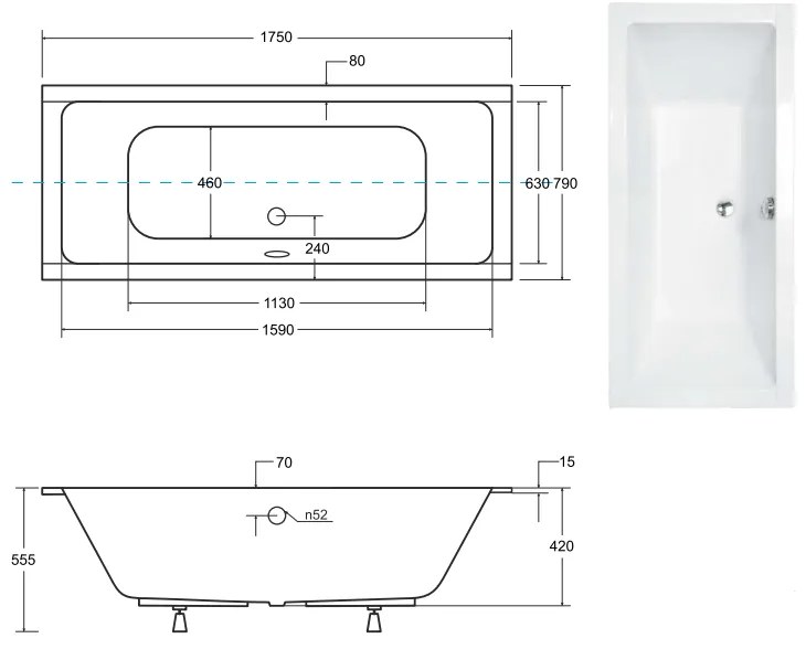 Besco Quadro Slim 175x80, 180x80 akrylátová vana Délka vany: 175cm