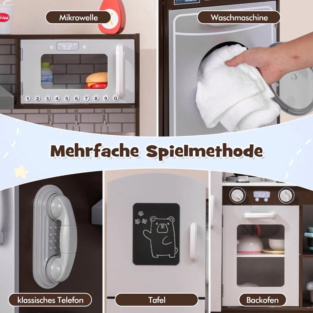 Costway Dřevěná rohová dětská kuchyňka se světlem a zvukem, hnědá