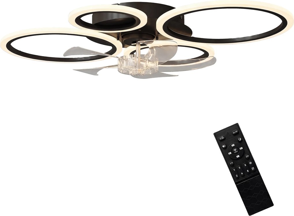 HOMCOM LED stropní ventilátor se světlem, tichý 30" (77 cm) s dálkovým ovládáním — 6 rychlostí, 3 teploty světla, DC motor, časovač — černý | Aosom
