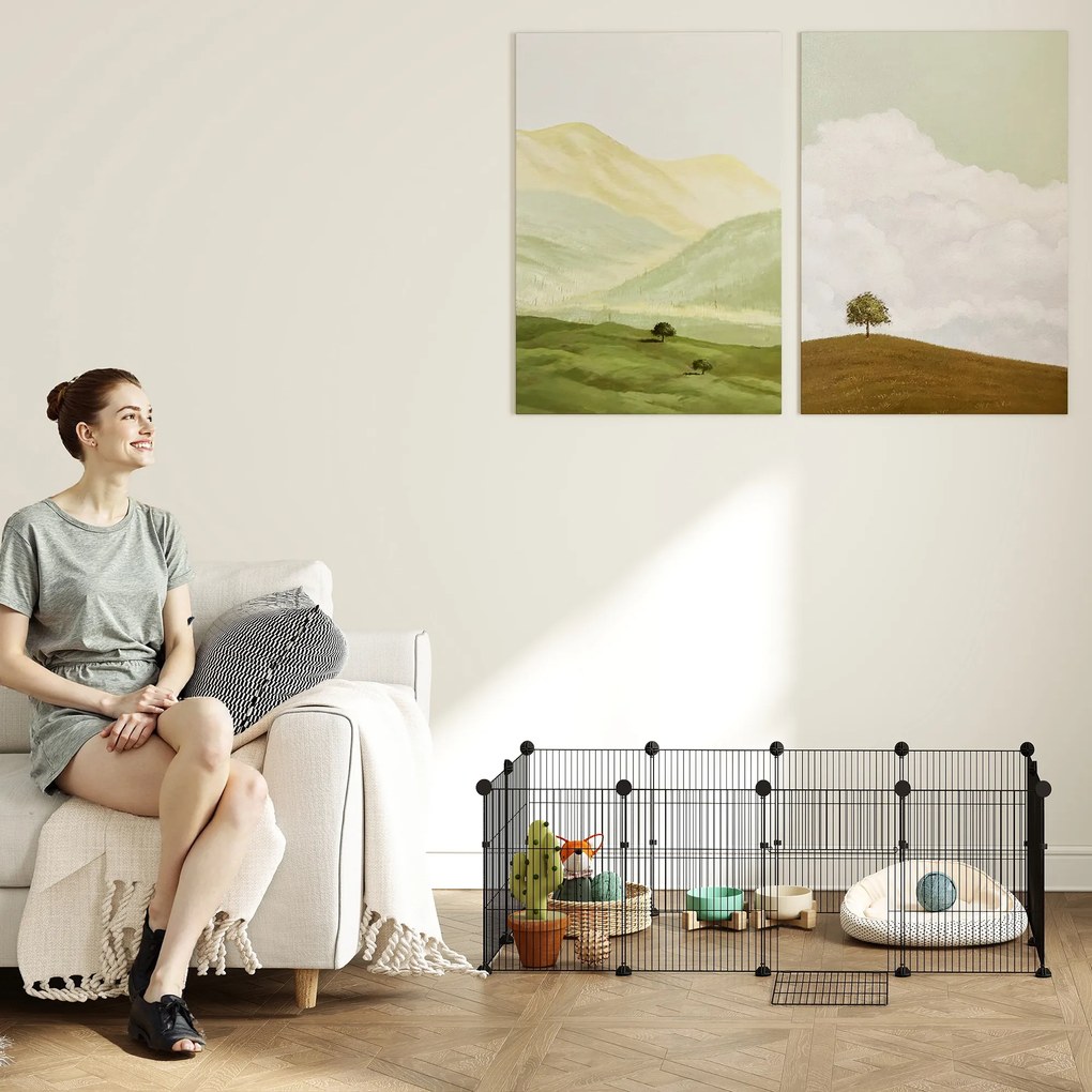 PawHut Ohrádka pro malá zvířata s podlahovými panely Ohrádka s 12 panely, voděodolná podložka, 120x60x40 cm, černá