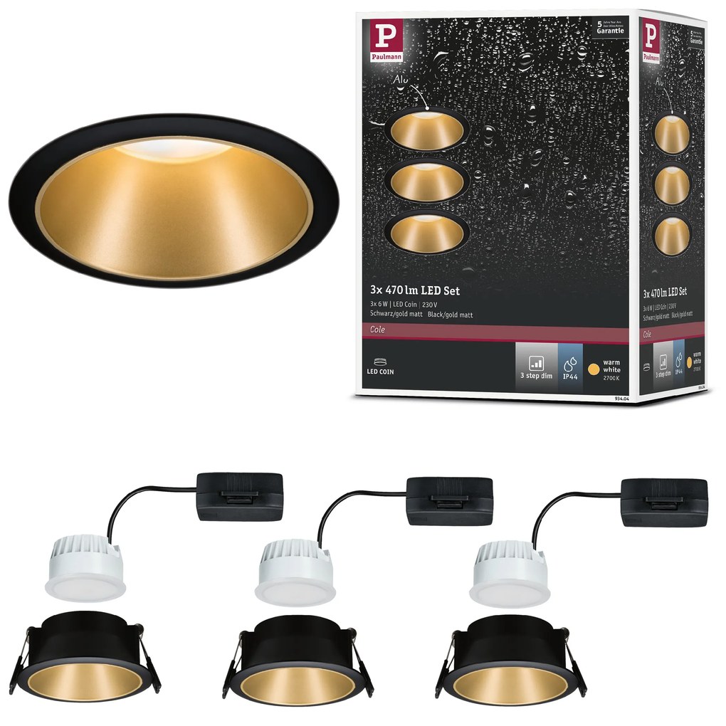 Paulmann 93404 LED Cole, set bodovek v černo-zlaté úpravě, 3x6,5W LED 2700K tříkrokové stmívání, prům. 8,8cm, IP44