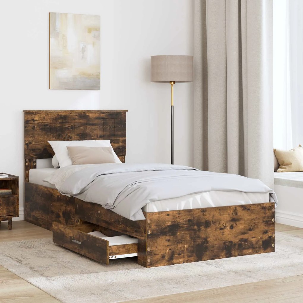 Rám postele s čelo Kouřový dub 90 x 190 cm Kompozitní dřevo 3410953