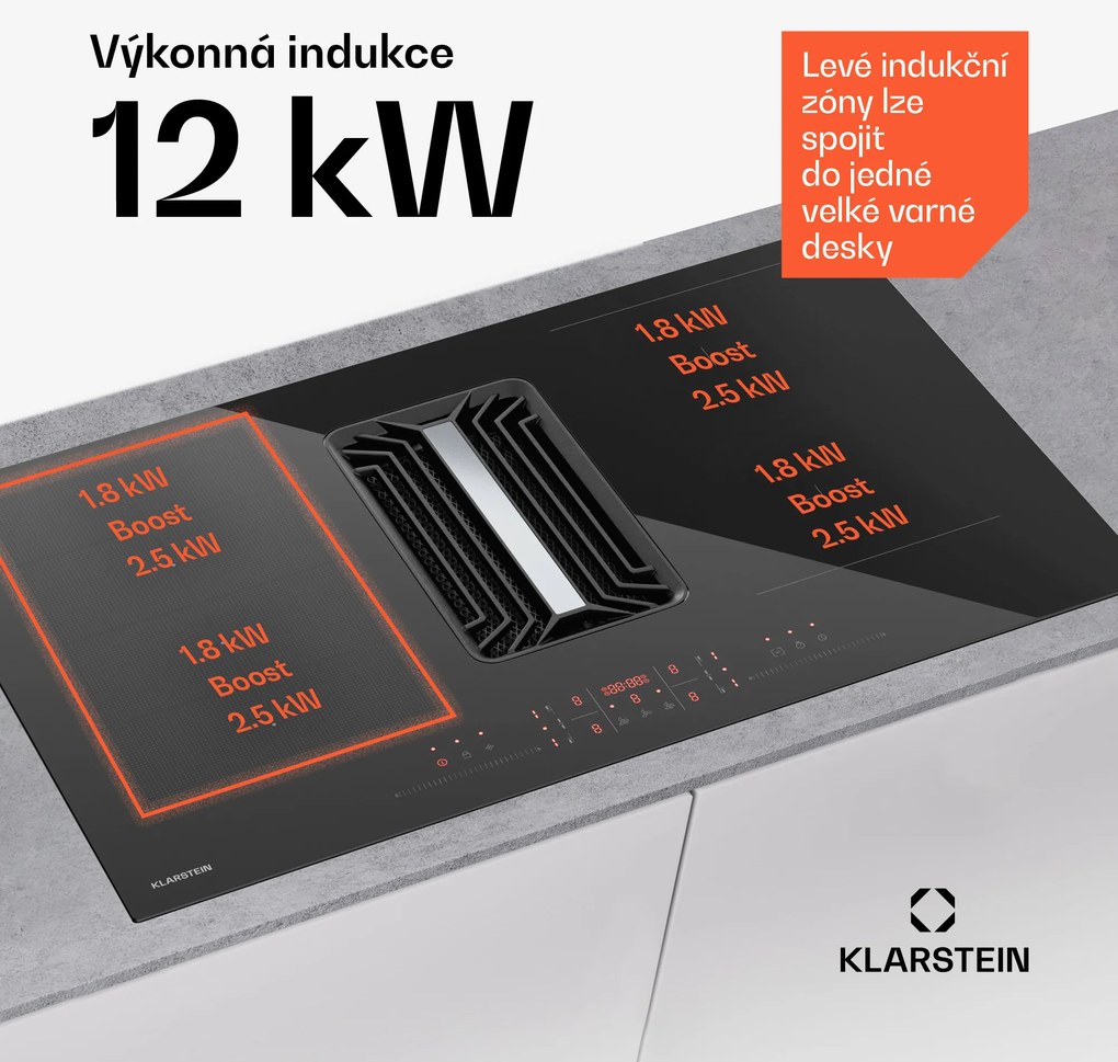 Klarstein AirJet Hybrid Down Air System, Indukční varná deska s integrovanou digestoří, 745 m³/h, EEK A++