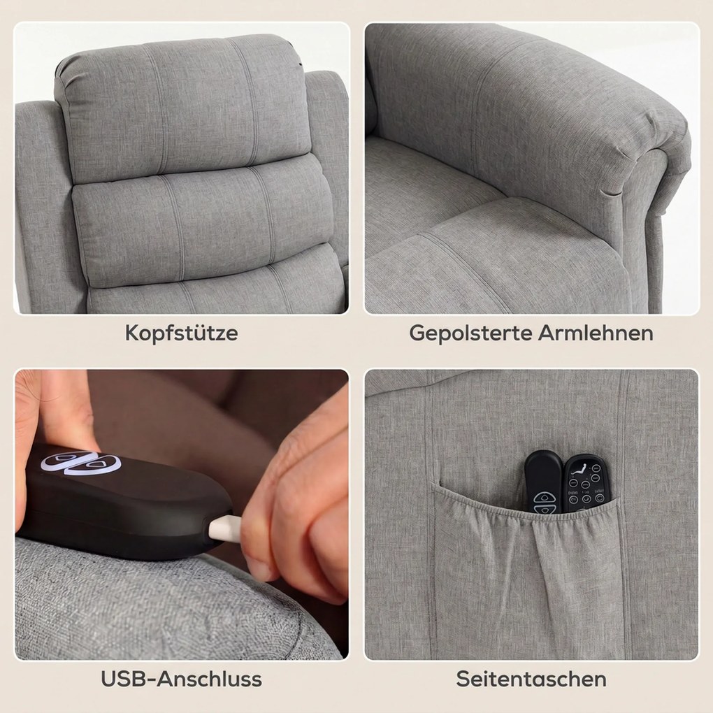 HOMCOM Masážní křeslo s asistencí při vstávání, relaxační křeslo, vibrační hlavy, s polohovací funkcí, vzhled lnu, světle šedá