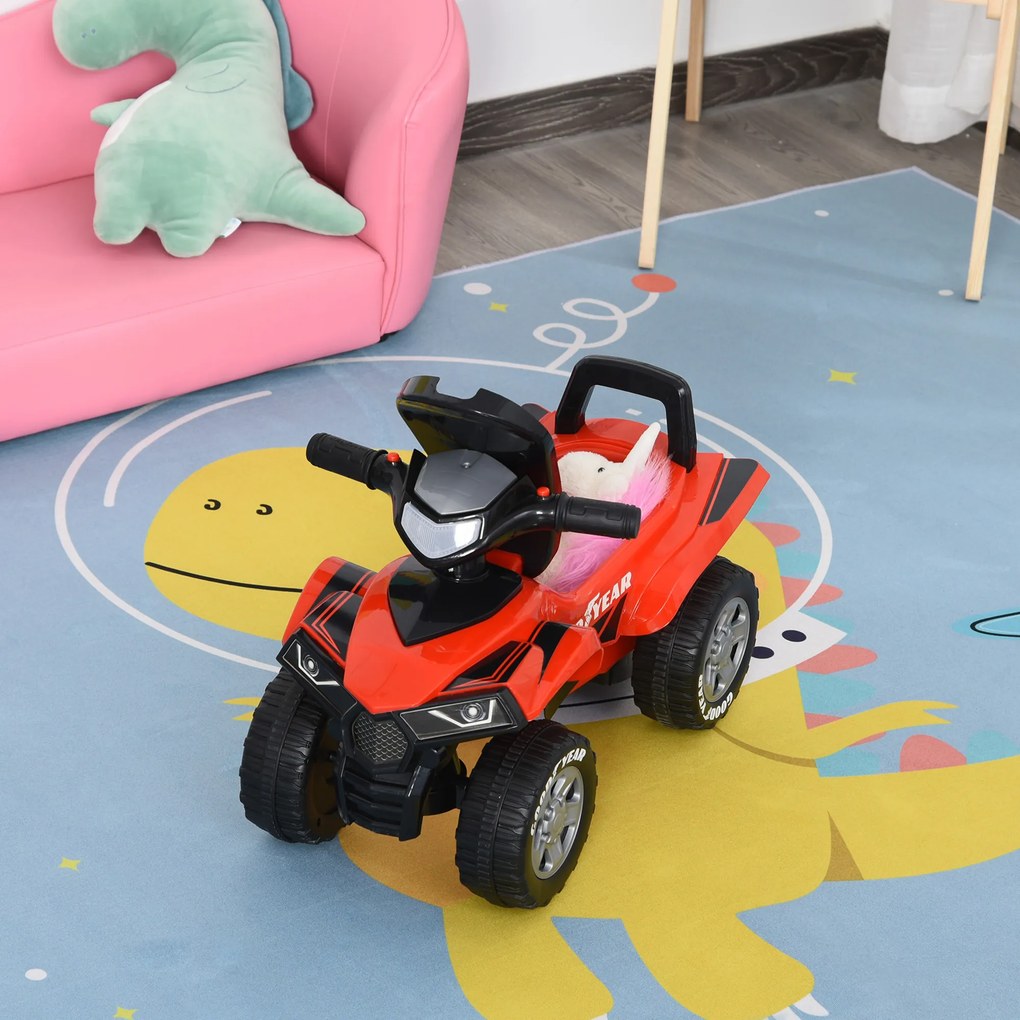 HOMCOM Dětský čtyřkolka bez pedálů pro děti od 18 do 36 měsíců, ATV se světly, klaksonem a tajným úložným prostorem 60x31x42 cm Červená