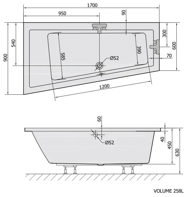 Polysan ANDRA L asymetrická vana 170x90x45cm, ivory 81111.4