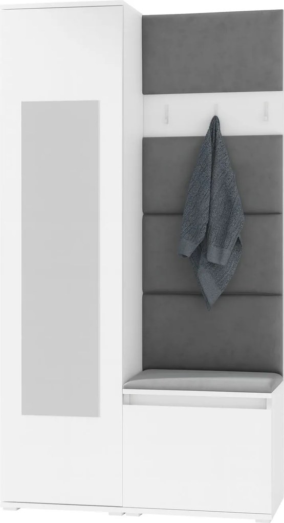 Bílá předsíňová sestava se skříní a zrcadlem Emi 13 s čalouněnými panely Trinity 15