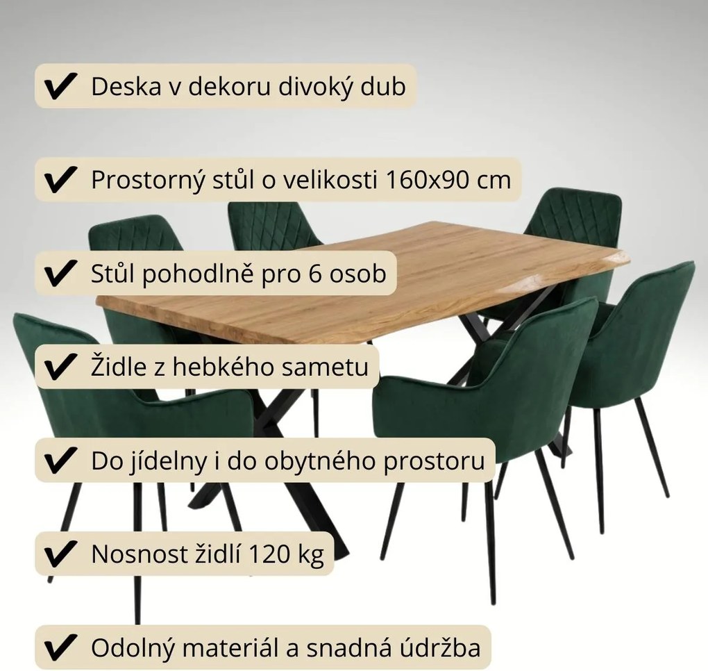 Vikio Jídelní set pro 6 osob 160x90 cm soft dub noha X zelená židle s područkami VJS226-6Z