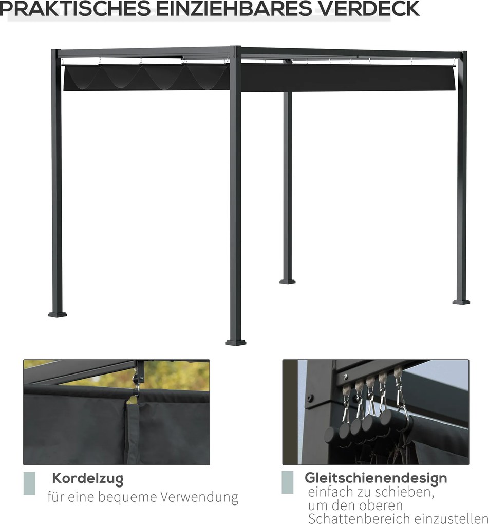 Outsunny pergola altán zastřešení terasy s posuvnou střechou 298x213x221cm polyester černá šedá pro zahradu a terasu |