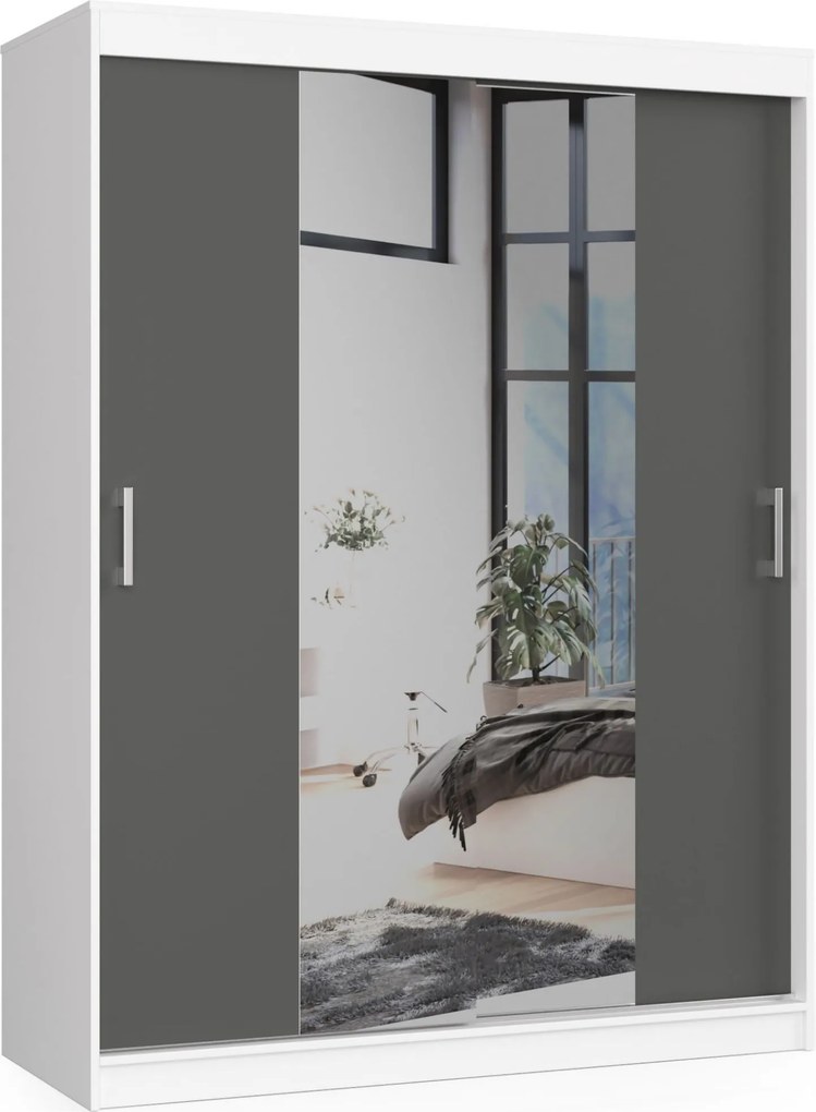 Šatní skříň posuvná se zrcadlem 150 cm bílá/grafitová šedá