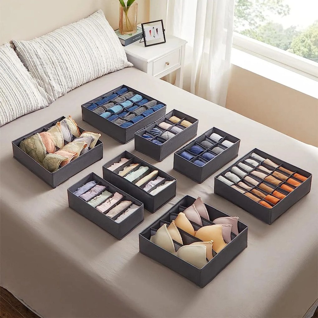 Organizéry do zásuvek, skládací textilní úložné boxy 8 ks, šedé