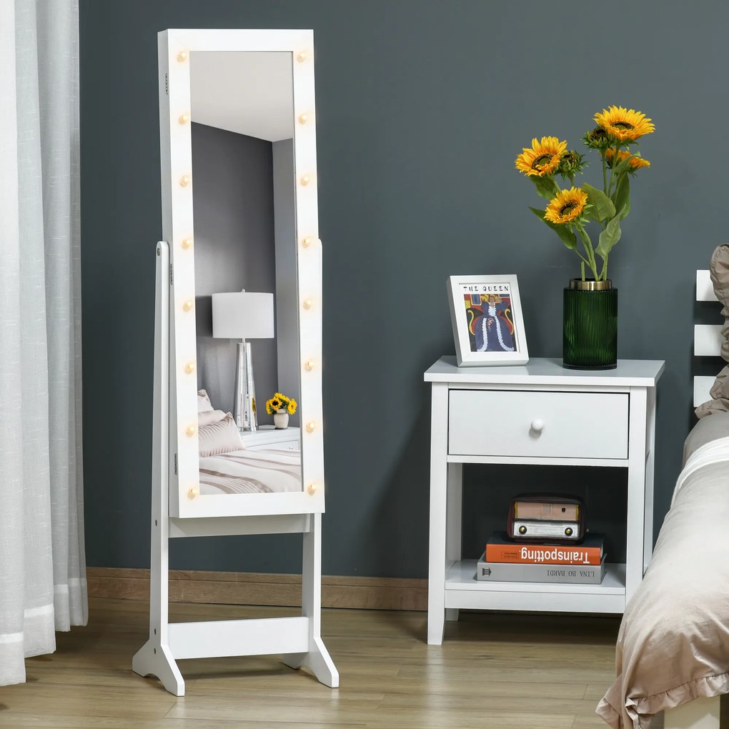 HOMCOM LED šperkovnice se zrcadlem, zrcadlová skříňka, stojací zrcadlo, police na šperky, nastavitelný zrcadlo, krémově bílá, výška 136 cm