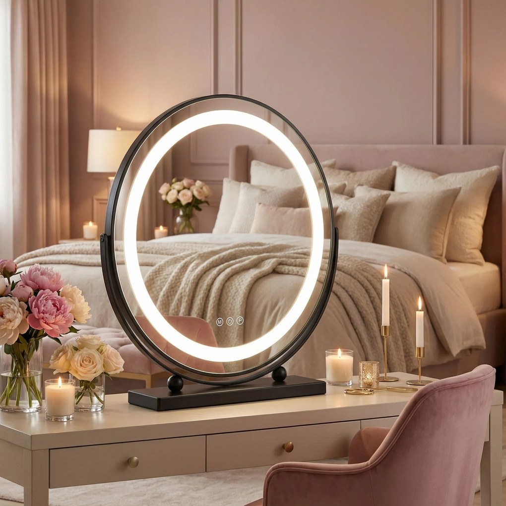 Rea MAKE-UP, kosmetické LED zrcadlo 40 cm v černém rámu k postavení, HOM-12020