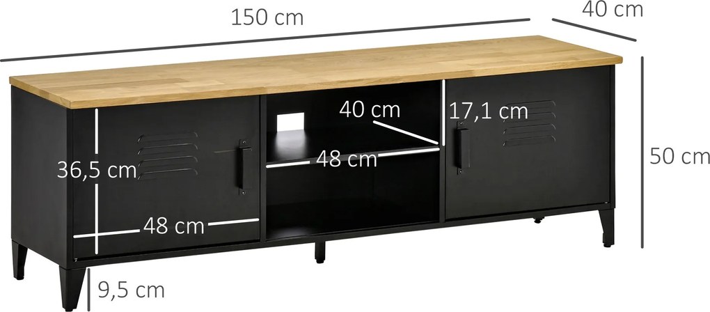 HOMCOM TV Stojan pro televizory do 55'' s 2 skříňkami, nastavitelné nohy, černý kovový rám, přírodní dřevěný vršek, 150 x 40 x 50 cm