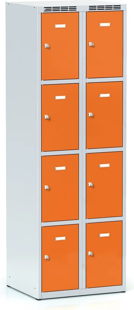 Šatní skříňka S6 s úložnými boxy, 8 boxů, 1800 x 600 x 500 mm, otočný zámek, oranžové dveře
