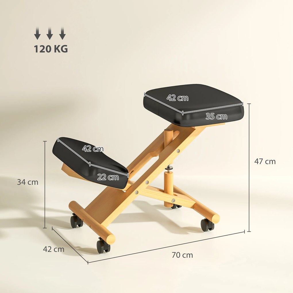 HOMCOM Ergonomická Výškově Nastavitelná Kolenní Židle, Ergonomická Židle do Kanceláře a Domova, Dřevěný Kolenní Stolek na Kolečkách, Černá