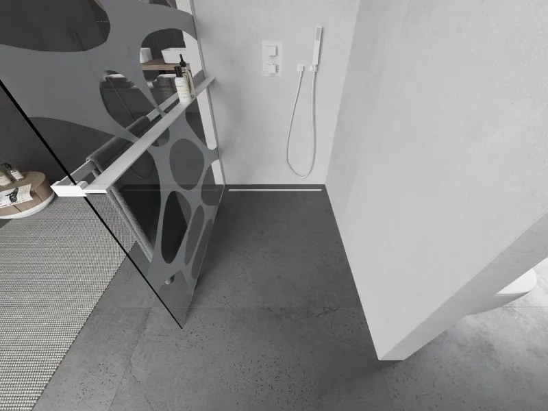 Mexen Kioto+ L, sprchová zástěna Walk-In s poličkou a věšákem 120 x 200 cm, 8mm čiré sklo bílý vzor, ​​bílý profil, 800-120-123-20-97