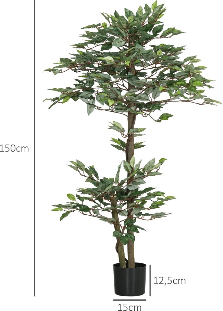 Outsunny Umělý Fikus 150 cm – Dekorativní Umělé Rostlina v Květináči pro Domov, Obývací Pokoj, Kancelář Ø15x150 cm Zelená
