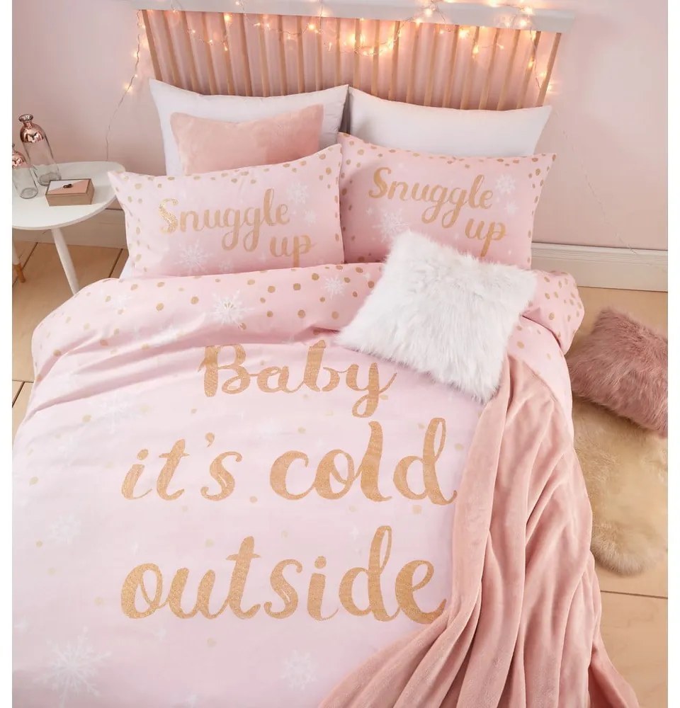 Růžové povlečení s potiskem "Baby It's Cold Outside" Catherine Lansfield, 135 x 200 cm