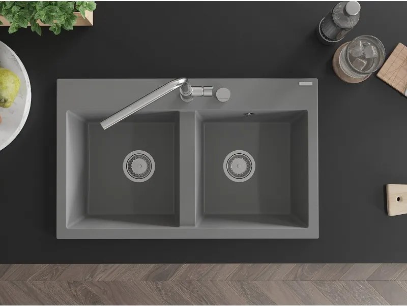 Mexen Hektor, 2-komorový granitový dřez 800x480x205 mm, šedá, chromový sifon, 6521802000-71