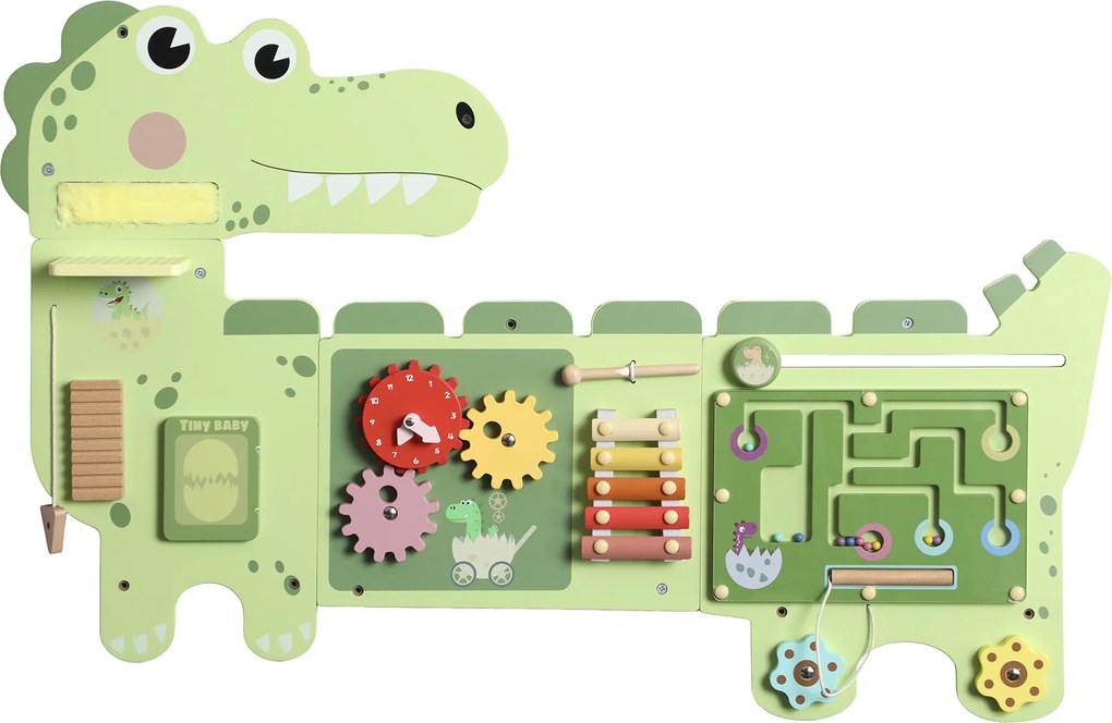 AIYAPLAY Montessori motorická deska dřevěné Busy Board dinosaurus, nástěnně montovaná s xylofonem, hodinami a ozubenými koly, zvukové tyče
