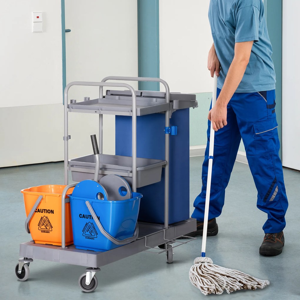 HOMCOM Úklidový vozík se sáčkem na odpadky, servisní vozík s 18L mopovými kybly, lisem a policemi pro hotely 111x63.3x103 cm Vícebarevný