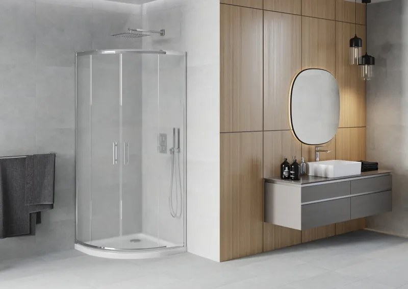 Mexen Rio, čtvrtkruhový sprchový kout s posuvnými dveřmi 90 x 90 cm, 5mm sklo námraza, chromový profil + bílá sprchová vanička, 863-090-090-01-30-4110