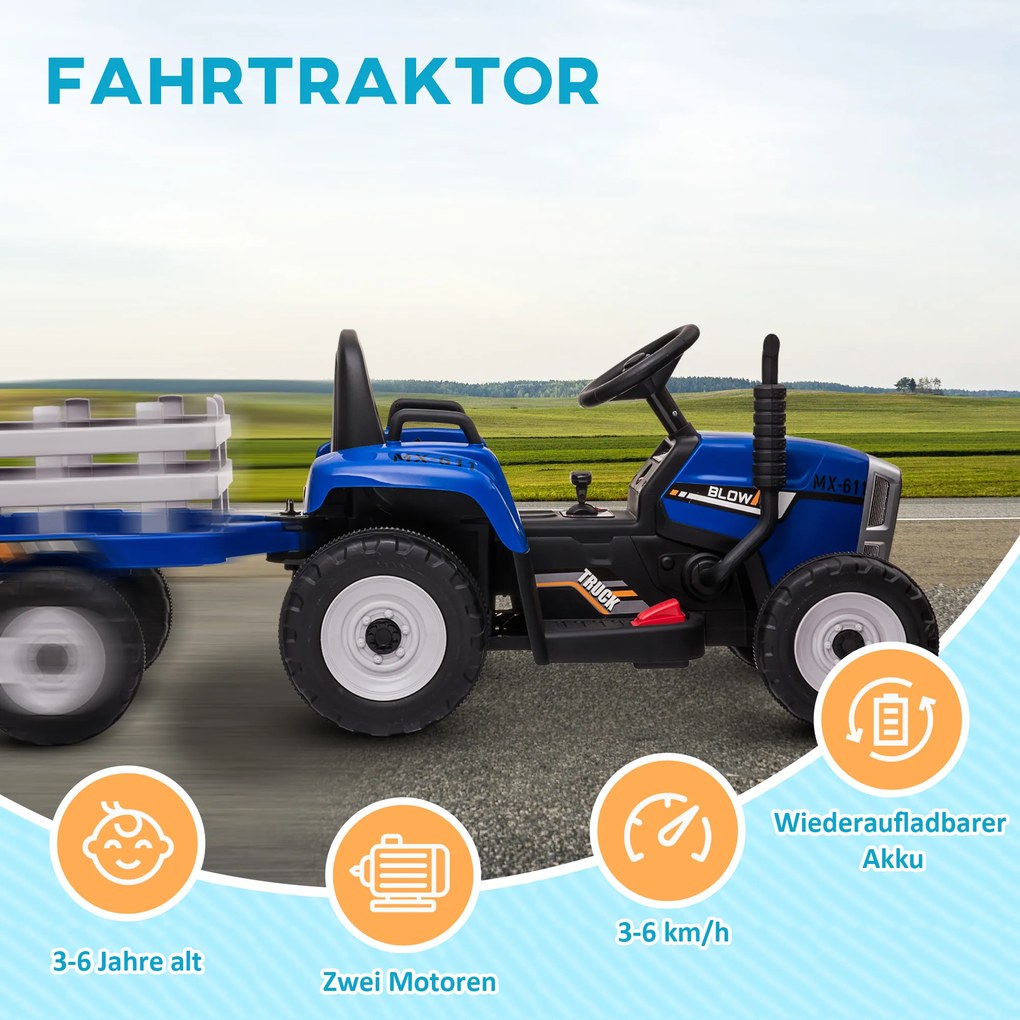 HOMCOM Elektrický dětský traktor s dálkovým ovládáním a přívěsem, MP3 světlomet, 3-6 km/h, pro děti od 3 do 6 let, modrý |