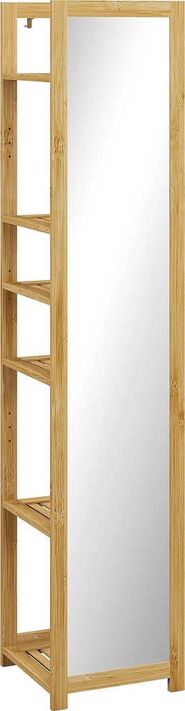 HOMCOM Koupelnová sloupová skříň s zrcadlem a 6 policemi v přírodním bambusu, 35D x 35Š x 168V cm | Aosom