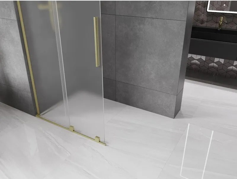 Mexen Velar L, posuvná sprchová zástěna Walk-in 100 x 200 cm, 8mm sklo námraza, zlatá matná, 871-100-003-33-55