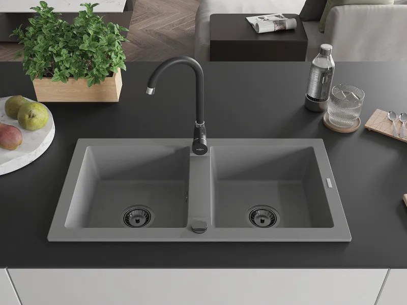Mexen Mario, granitový dřez 820x436x161 mm, 2-komorový, šedá s černým sifonem, 6504822000-71-B