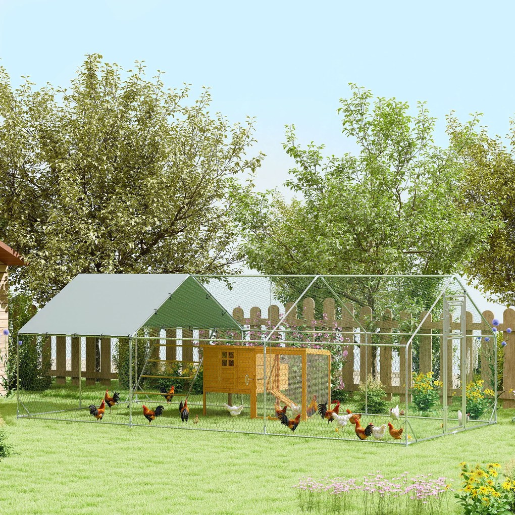 Ocelový výběh pro kuřata PawHut, 300 x 600 x 195 cm, klec pro kuřata s krytem odolným proti UV záření, dvířka na krmení, závěsné krmítko, hřad, výběh…