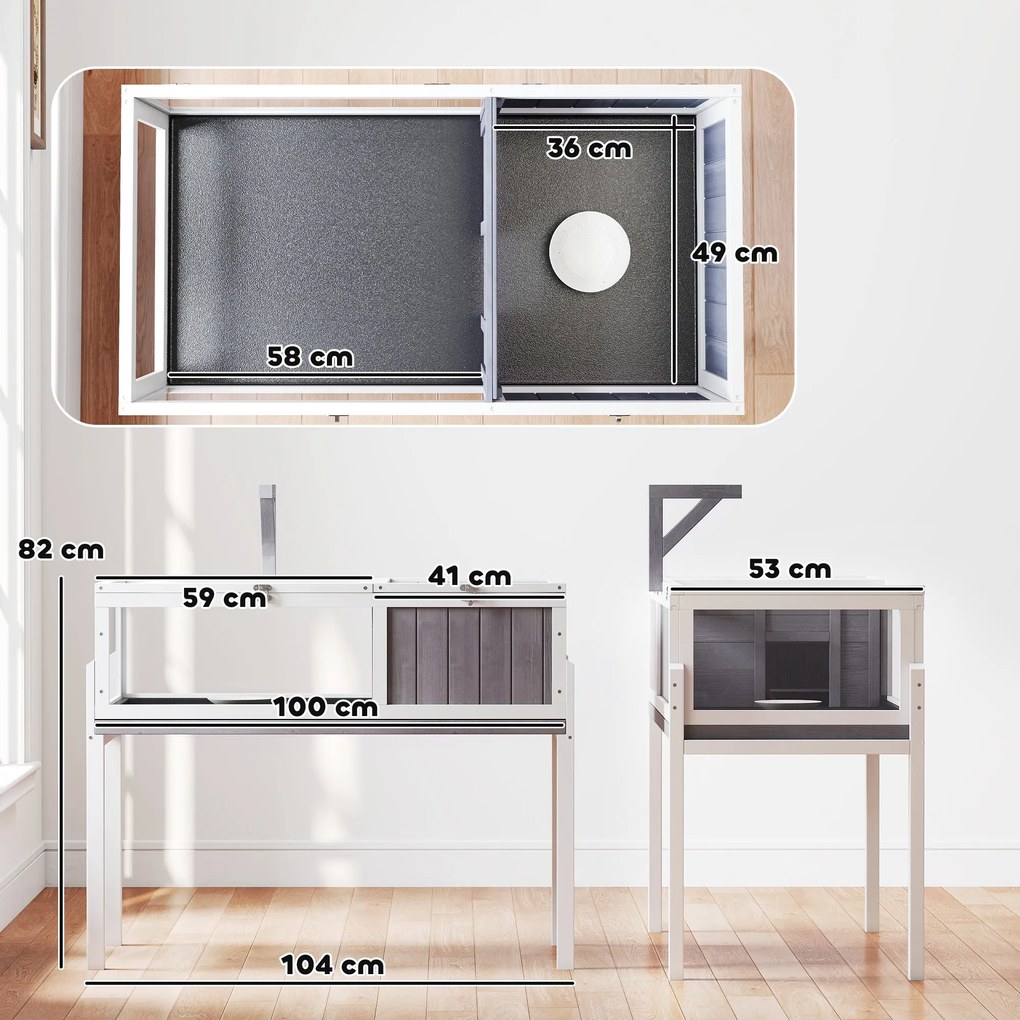 PawHut zvýšený dřevěný domek pro želvy – 2 zóny, držák na lampu, vysouvací zásuvka, šedý – 104 × 53 × 82 cm