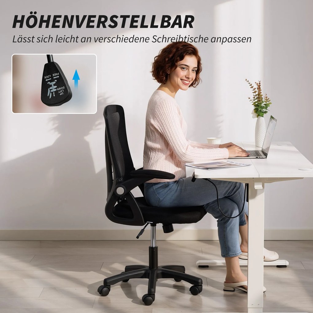 HOMCOM Ergonomická kancelářská židle, výškově nastavitelná židle s výklopnými područkami, bederní opěrka, černá