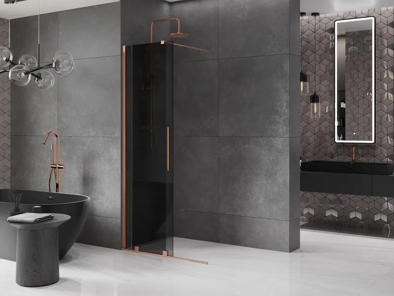 Mexen Velar, sprchová zástěna s posuvnými dveřmi Walk-in 90 x 200 cm, 8mm šedé sklo, měděná matná, 871-090-000-43-65