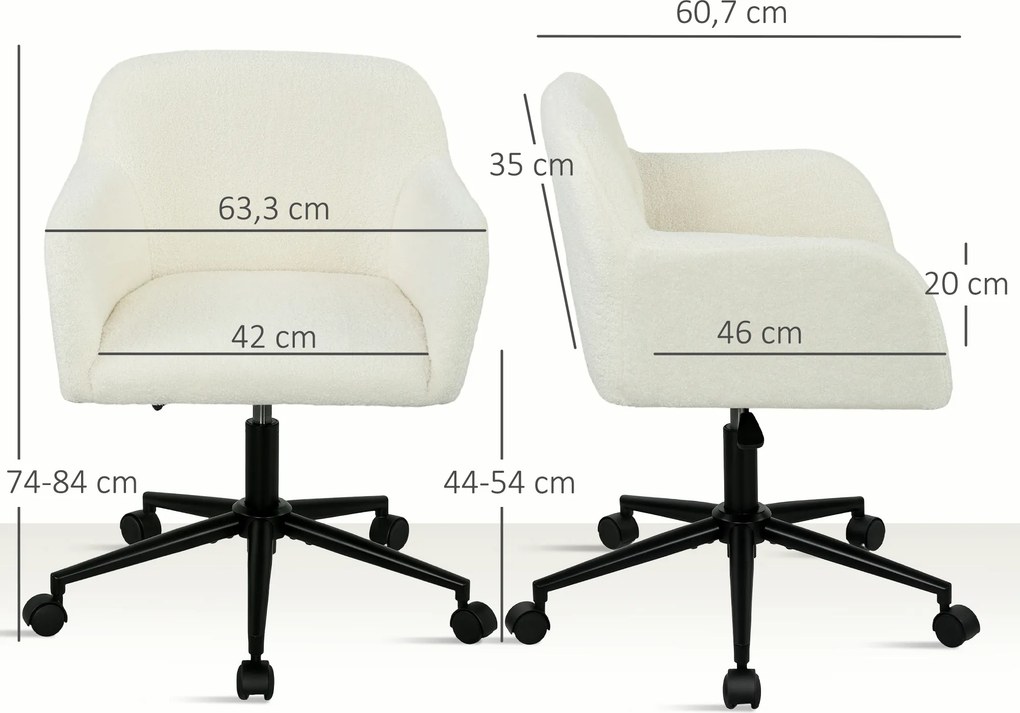HOMCOM Otočná kancelářská židle na kolečkách, židle ke stolu, fleecová látka, pěna, výškově nastavitelná, home office, krémově bílá