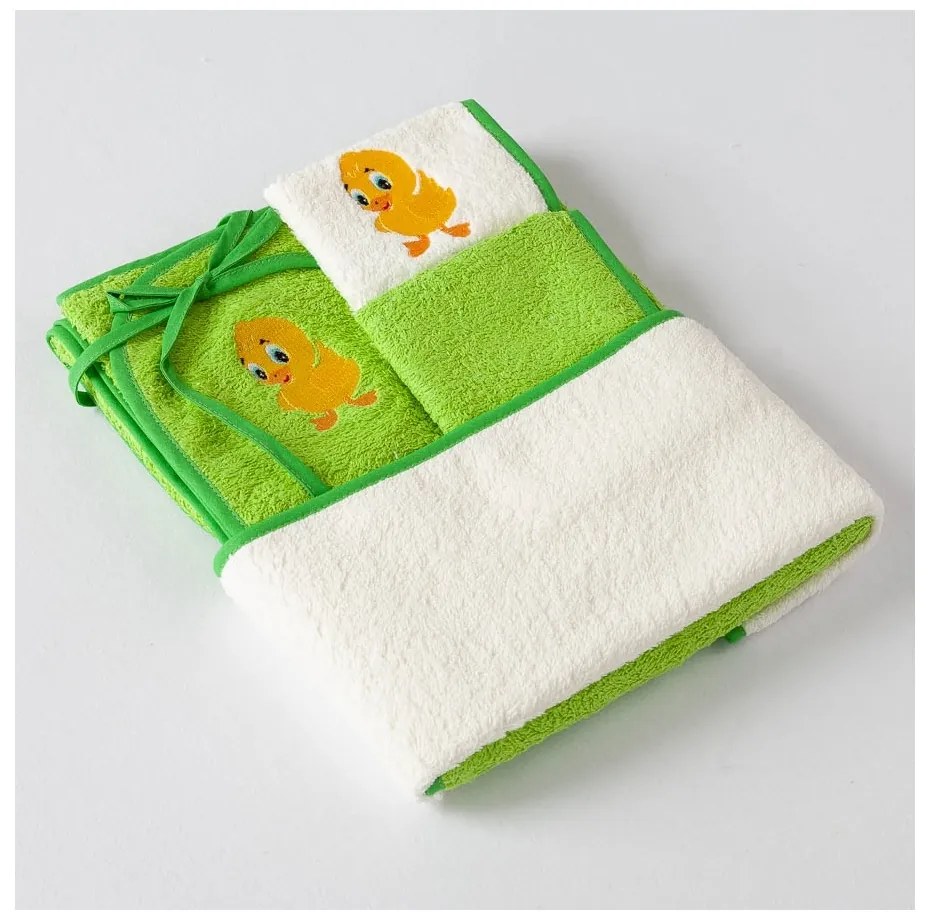 Veba dětský set kačenka - zelená/smetanová - osuška 100x100 + ručník 50x30 + slinták + žínka