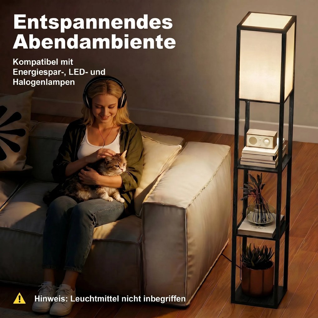 HOMCOM Stojací lampa se 3 policemi, stojací lampa s objímkou E27, 26 x 160 cm, pro obývací pokoj/ložnici (bez žárovky)