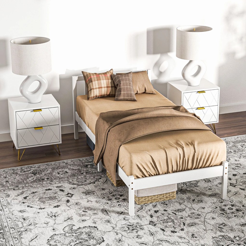 Dřevěný rám postele HOMCOM 208 x 96 cm s lamelovým roštem a čelem, elegantní rám jednolůžka do ložnice v bílé barvě