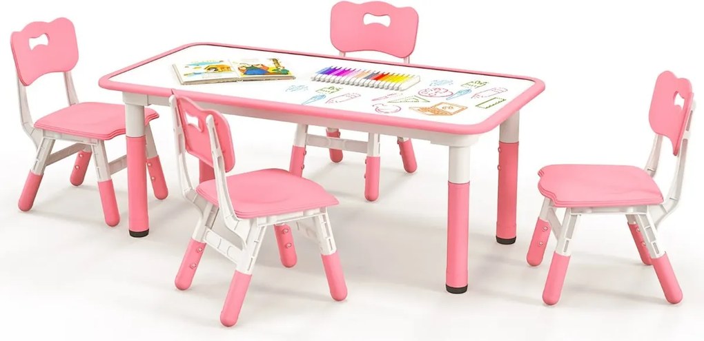 Costway Dětský stůl se 4 židlemi s graffiti deskou, výškově – růžový