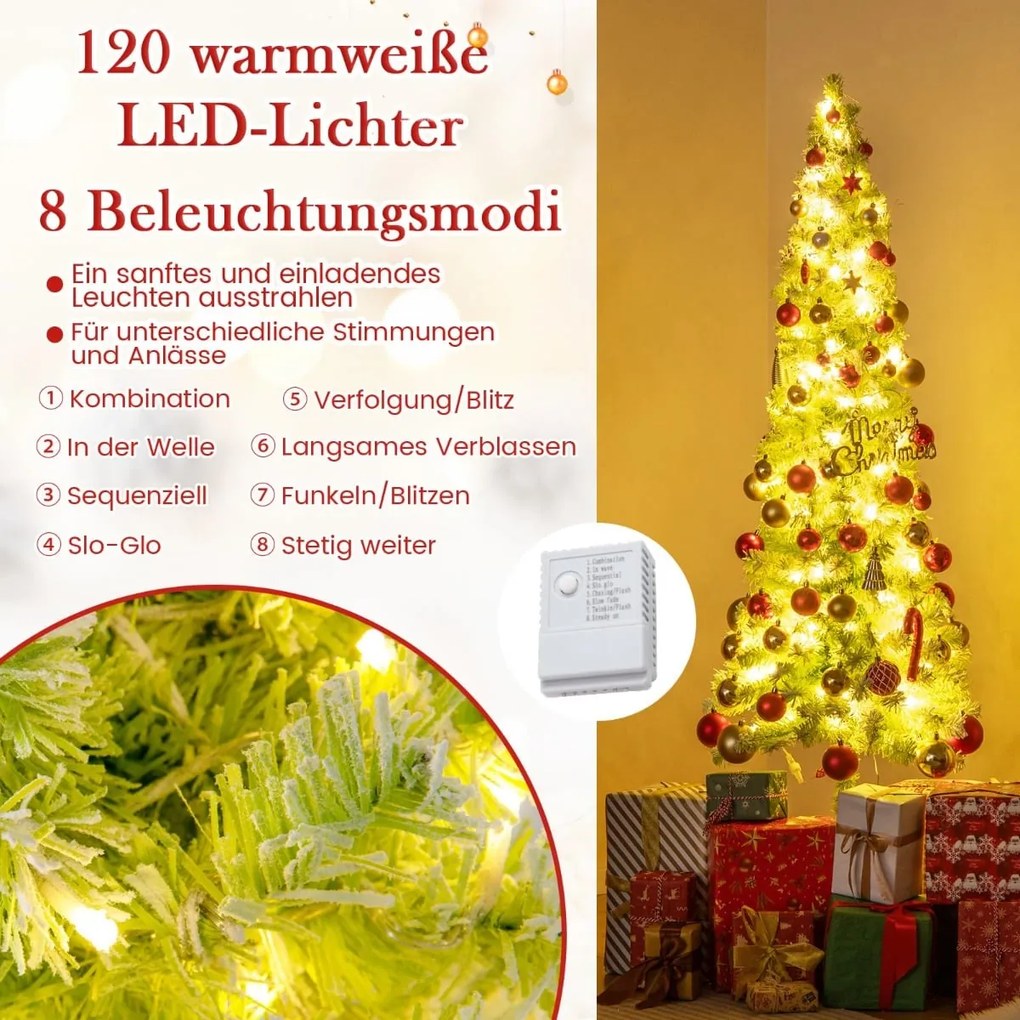 Costway 180 cm Umělý vánoční stromek se světly a sněhovou jedlí s ohýbatelnou