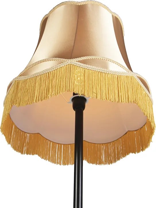 Retro stojací lampa černá s babičkovským stínítkem zlatým 45 cm - Simplo