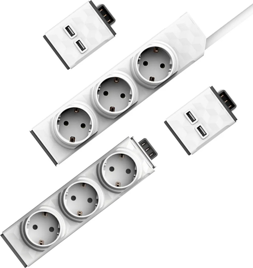 Allocacoc PowerStrip Modular Switch 1,5 m + Zásuvkový modul + 2x USB modul